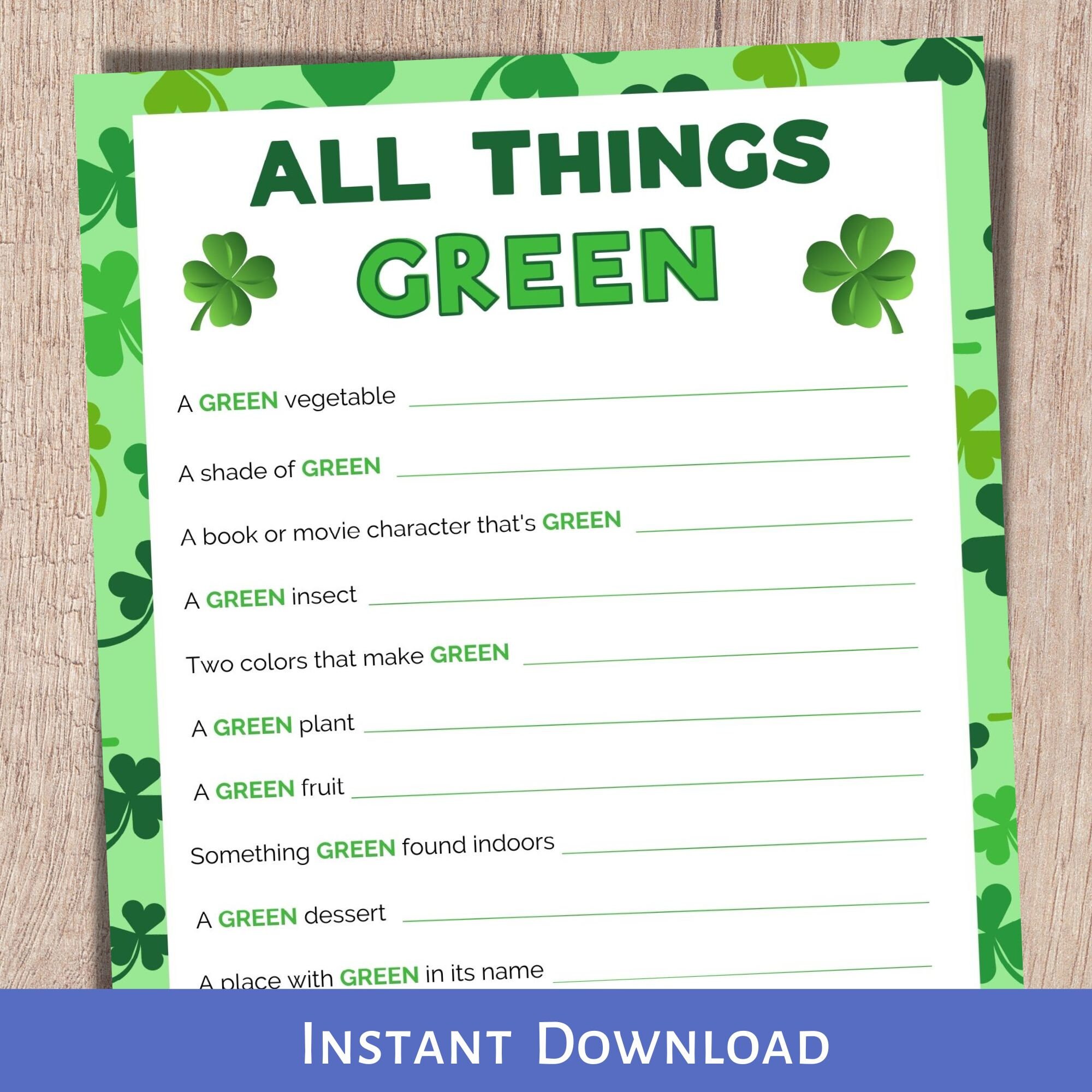 All Things Green Game, St. Patricks Day Game, Printable St Patricks ...