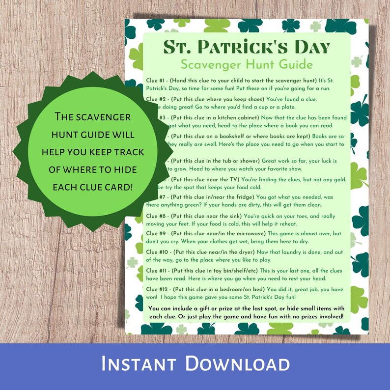 St. Patrick's Day Scavenger Hunt, Treasure Hunt for Kids, St. Patrick's ...