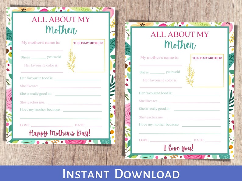 All About My Mum Printable, Printable Mother's Day Gift, Mother's Day ...