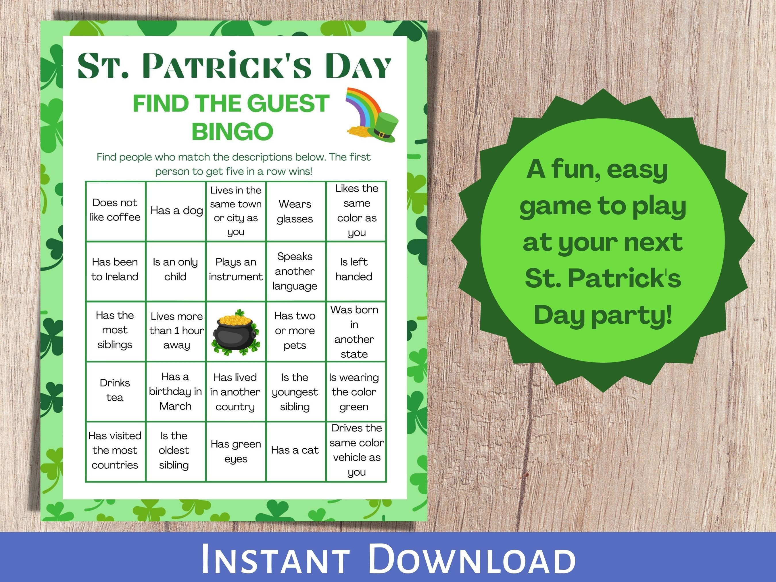 Find the Guest Bingo St. Patrick's Day Games Icebreaker - Etsy