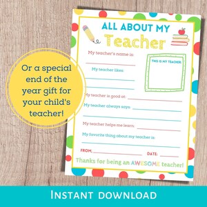 All About My Teacher, Teacher Appreciation Week, Teacher Letter, Thank ...