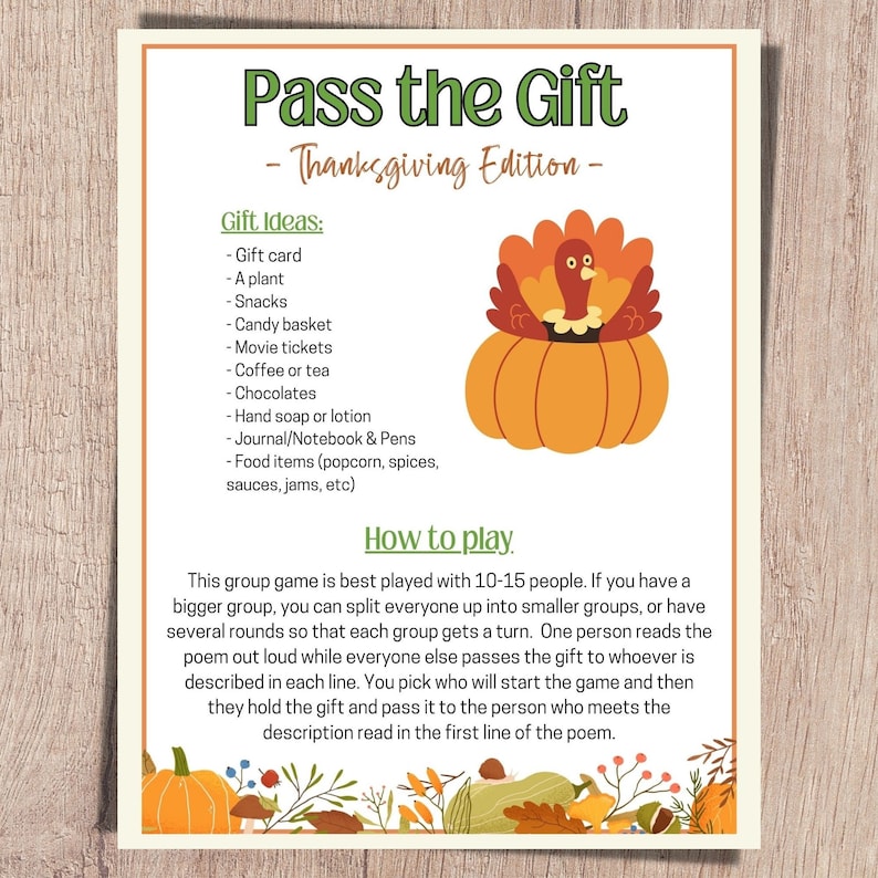 Thanksgiving Games, Pass the Gift Poem, Thanksgiving Games Printable ...