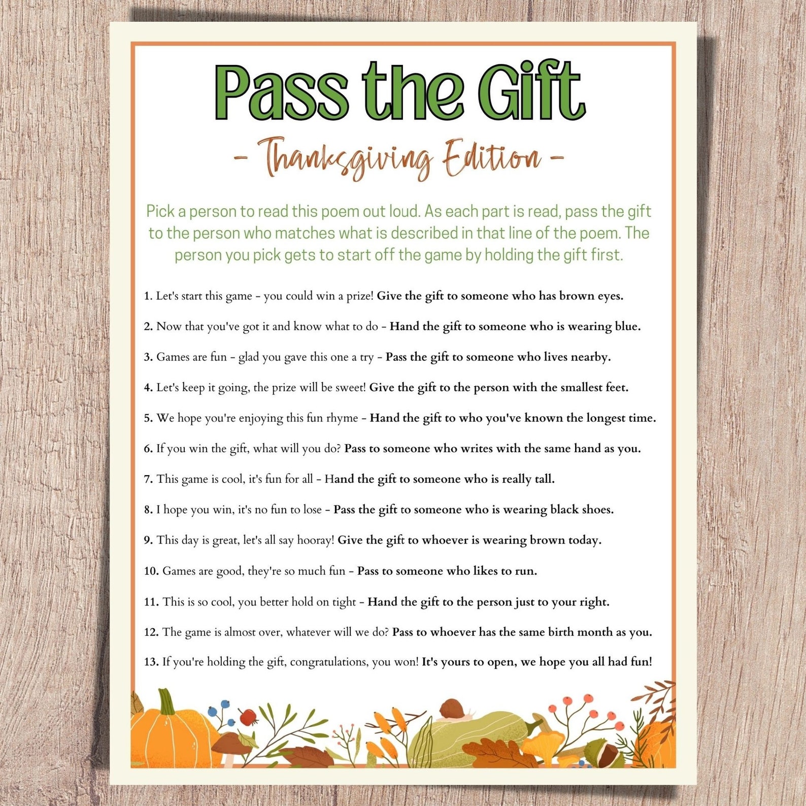 Thanksgiving Games, Pass the Gift Poem, Thanksgiving Games Printable ...