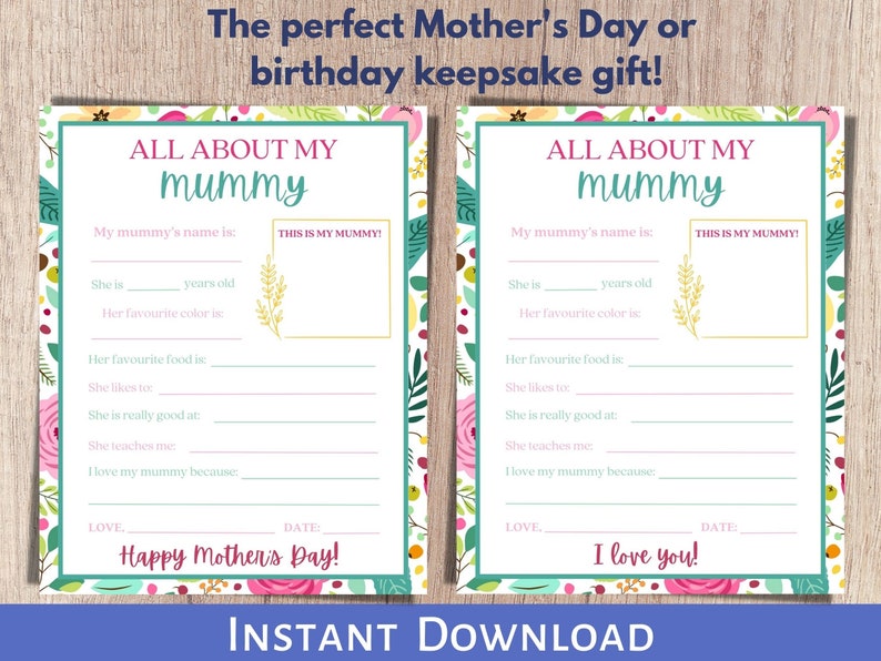 All About My Mum Printable, Printable Mother's Day Gift, Mother's Day ...