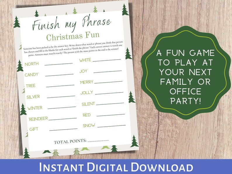 Finish My Phrase, Christmas Party Game, Printable Holiday Game, Office ...
