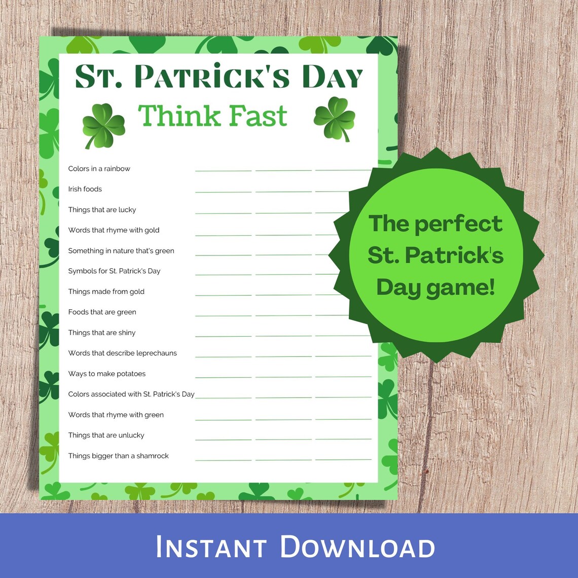 Think Fast Game, St. Patricks Day Game, St. Patricks Day Trivia, St ...