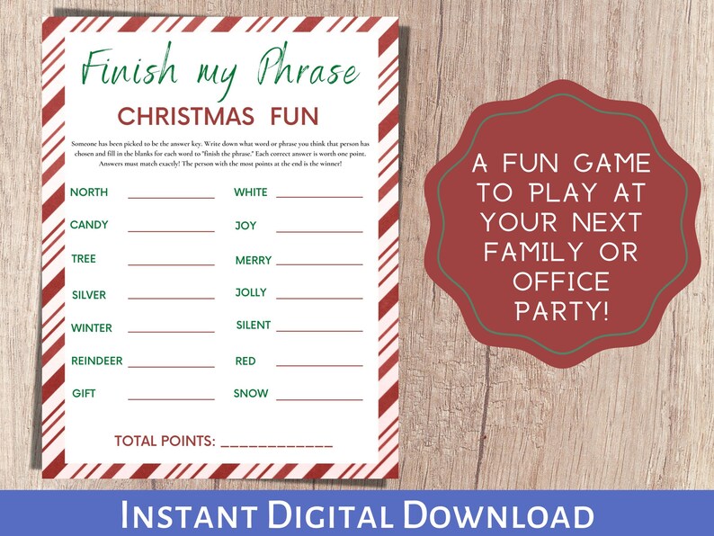 Finish My Phrase Christmas Party Game, Printable Holiday Game, Office ...