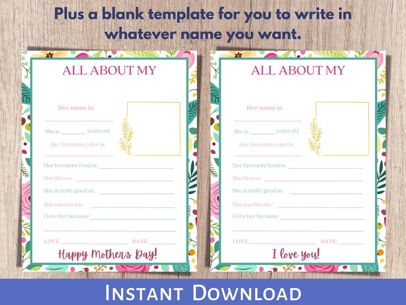 All About My Mum Printable, Printable Mother's Day Gift, Mother's Day ...