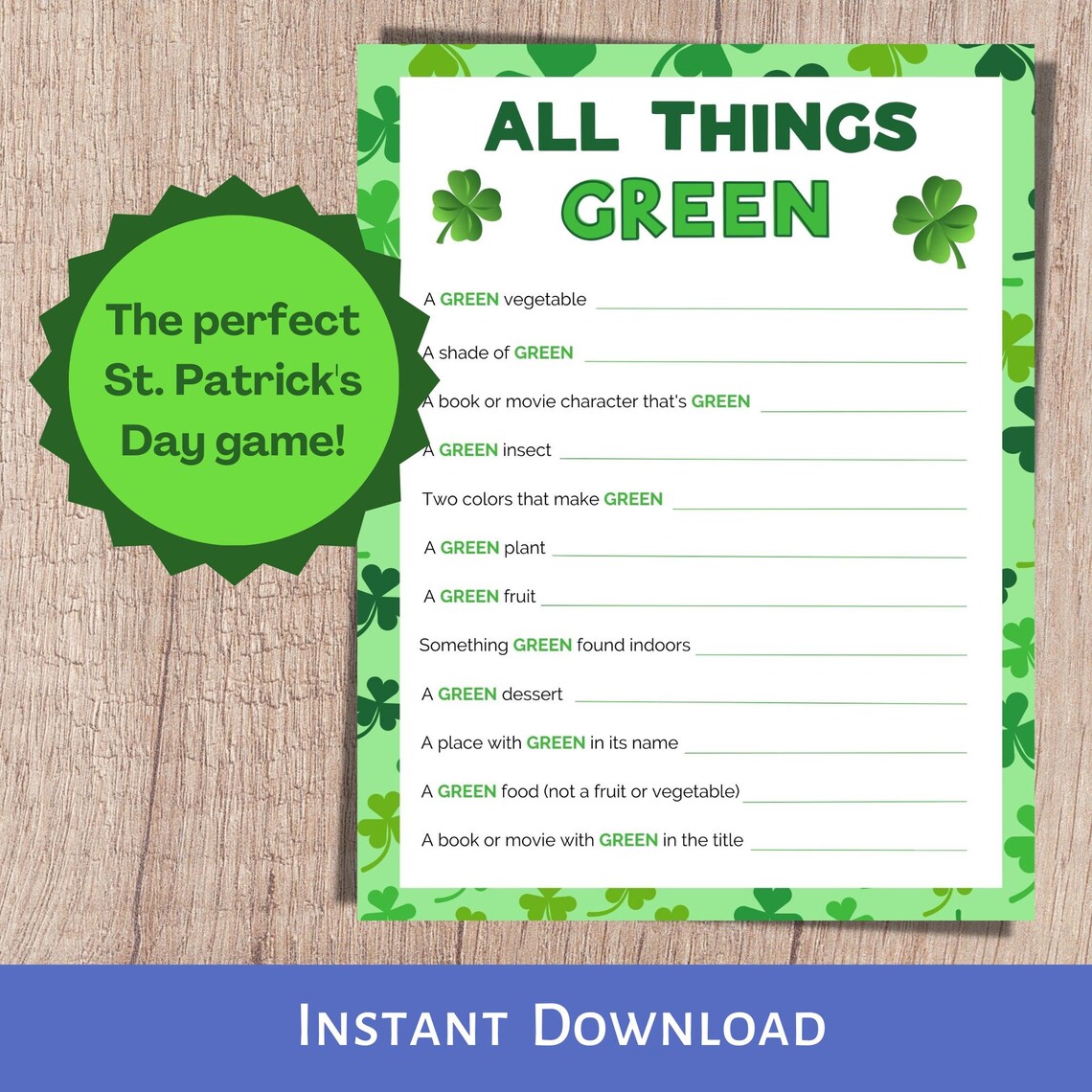 All Things Green Game, St. Patricks Day Game, Printable St Patricks ...