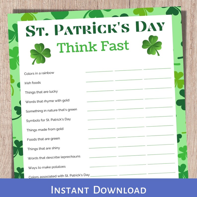 Think Fast Game, St. Patricks Day Game, St. Patricks Day Trivia, St ...