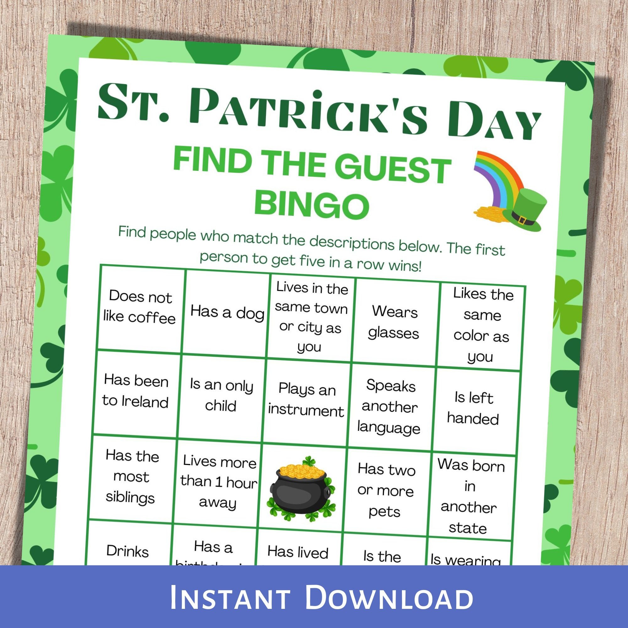 Find the Guest Bingo, St. Patrick's Day Games, Icebreaker Bingo, Find ...