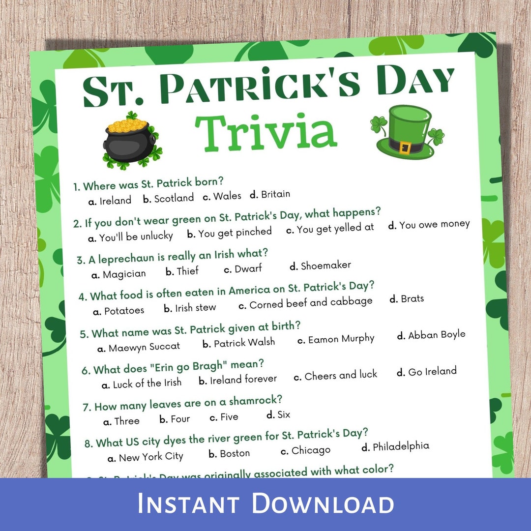 St. Patrick's Day Trivia, St. Patrick's Game, Trivia Game, Printable ...
