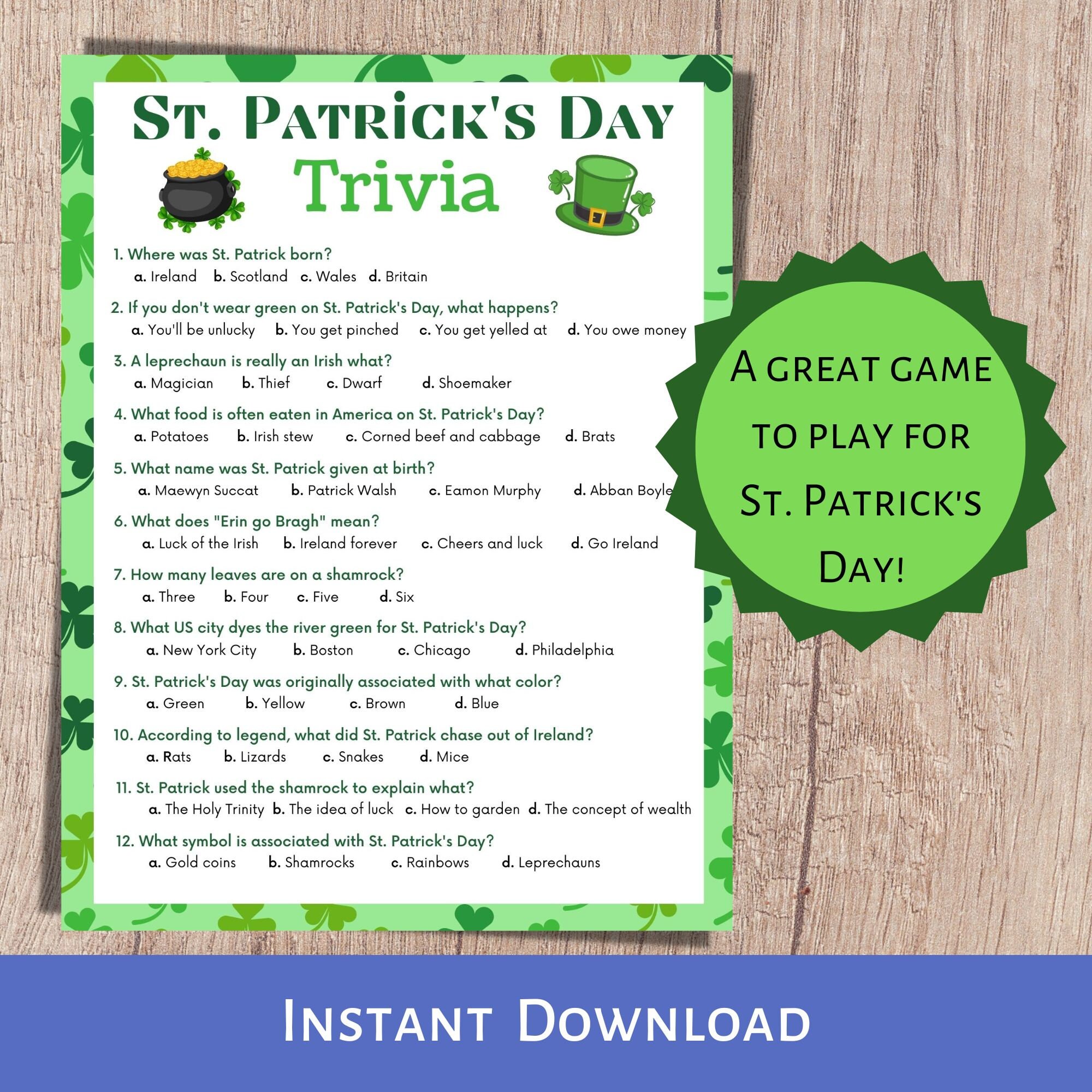 St. Patrick's Day Trivia, St. Patrick's Game, Trivia Game, Printable ...
