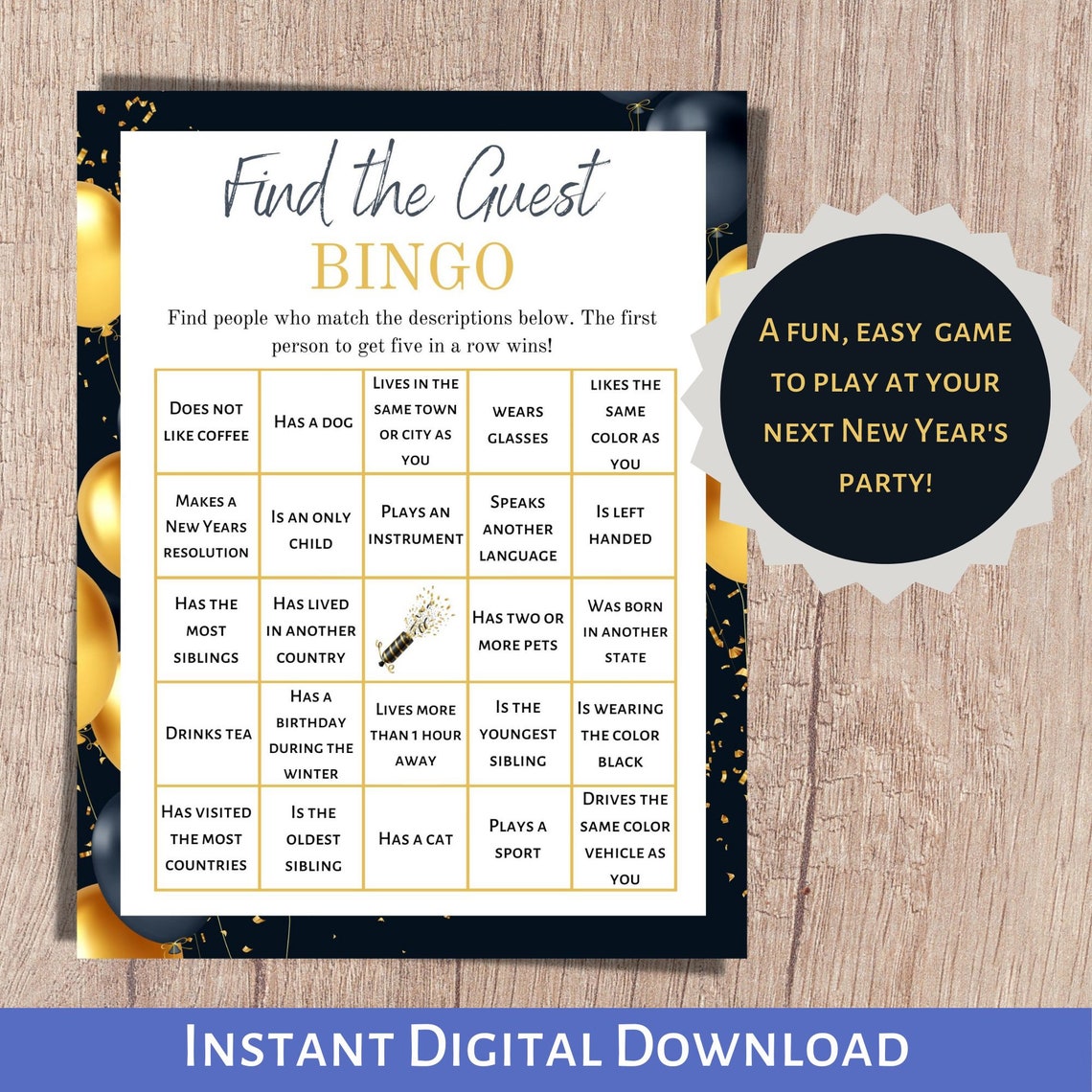 Find the Guest Bingo, New Years Eve Games, Find the Guest Game, Find ...