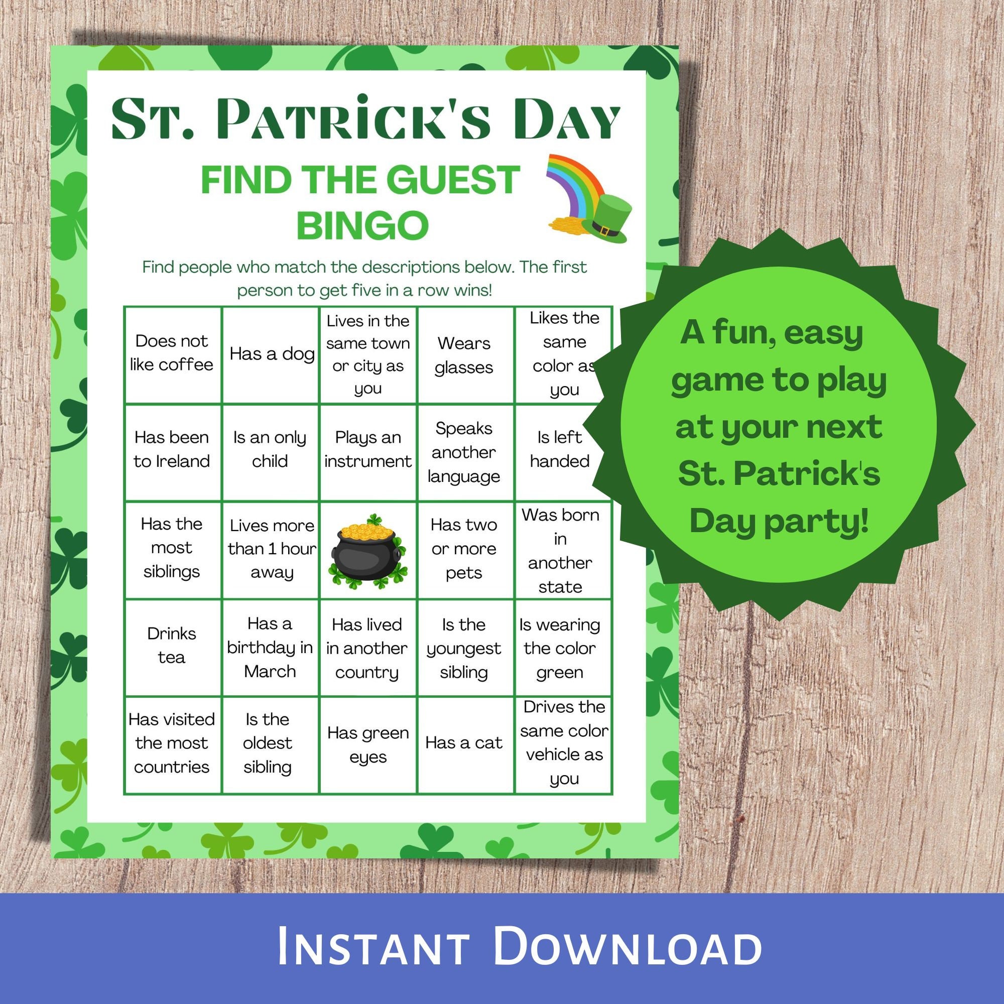 Find the Guest Bingo, St. Patrick's Day Games, Icebreaker Bingo, Find ...