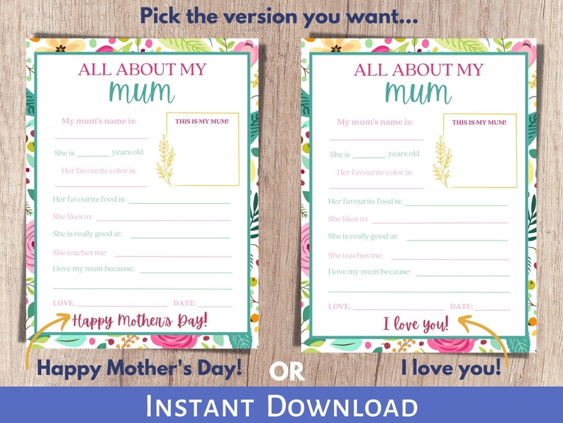 All About My Mum Printable, Printable Mother's Day Gift, Mother's Day ...