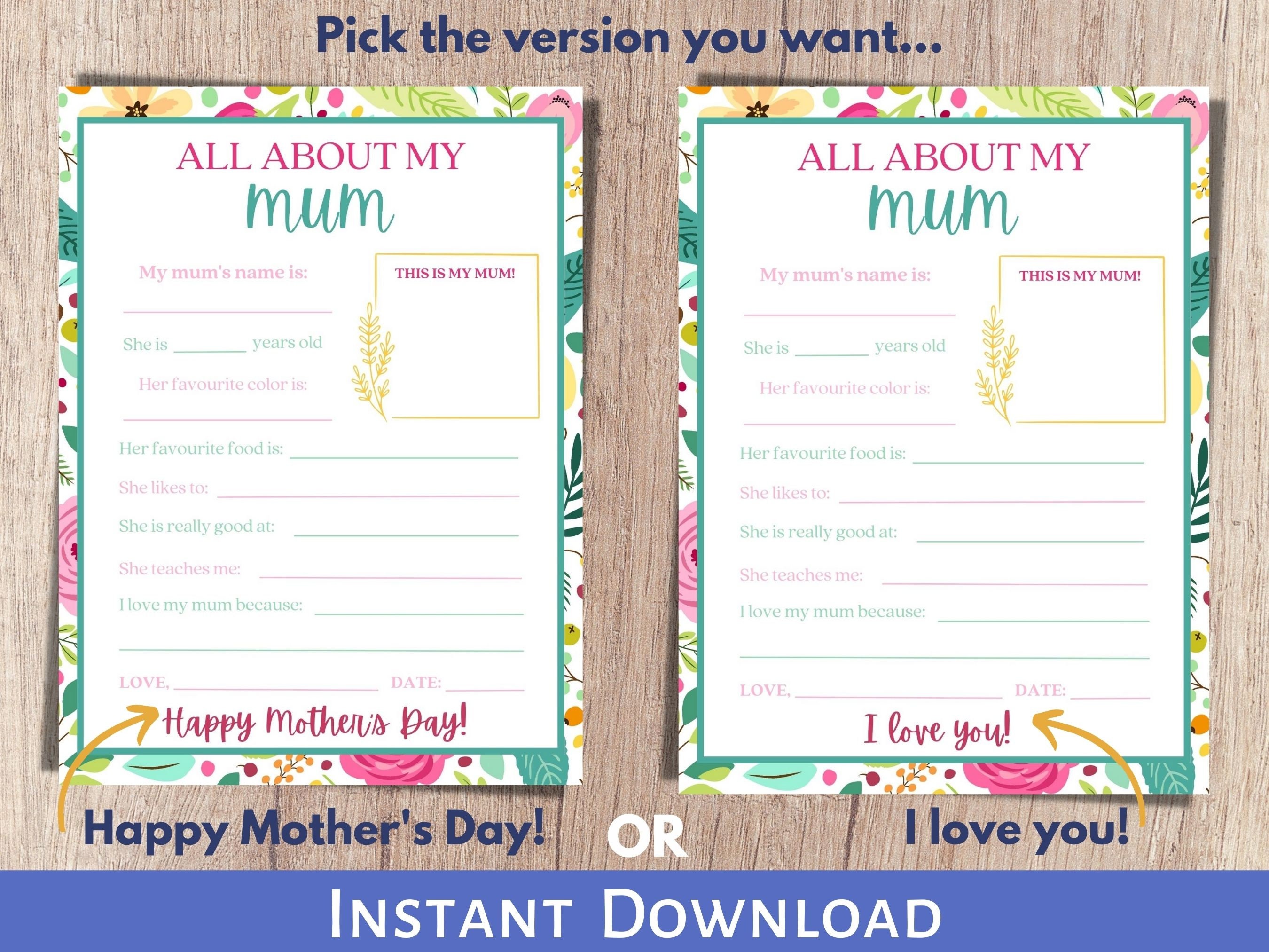 All About My Mum Printable, Printable Mother's Day Gift, Mother's Day ...