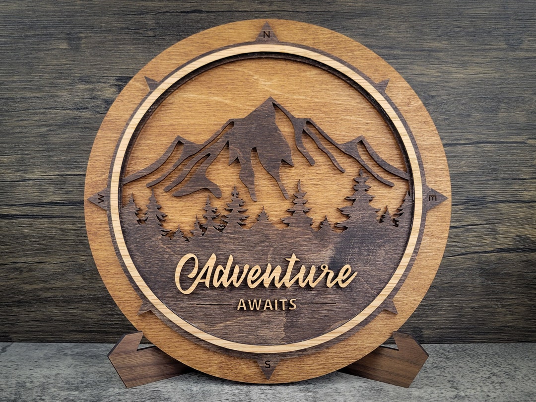 Rustic Adventure Awaits Wood Wall Art, Layered Compass Rose Sign, Cabin ...
