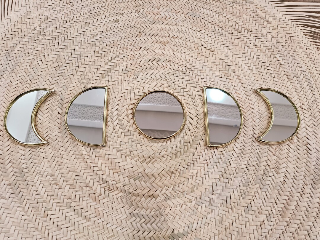 Moon Phase Wall Brass Mirror , Moon Decor Handmade Golden Mirror Set of ...