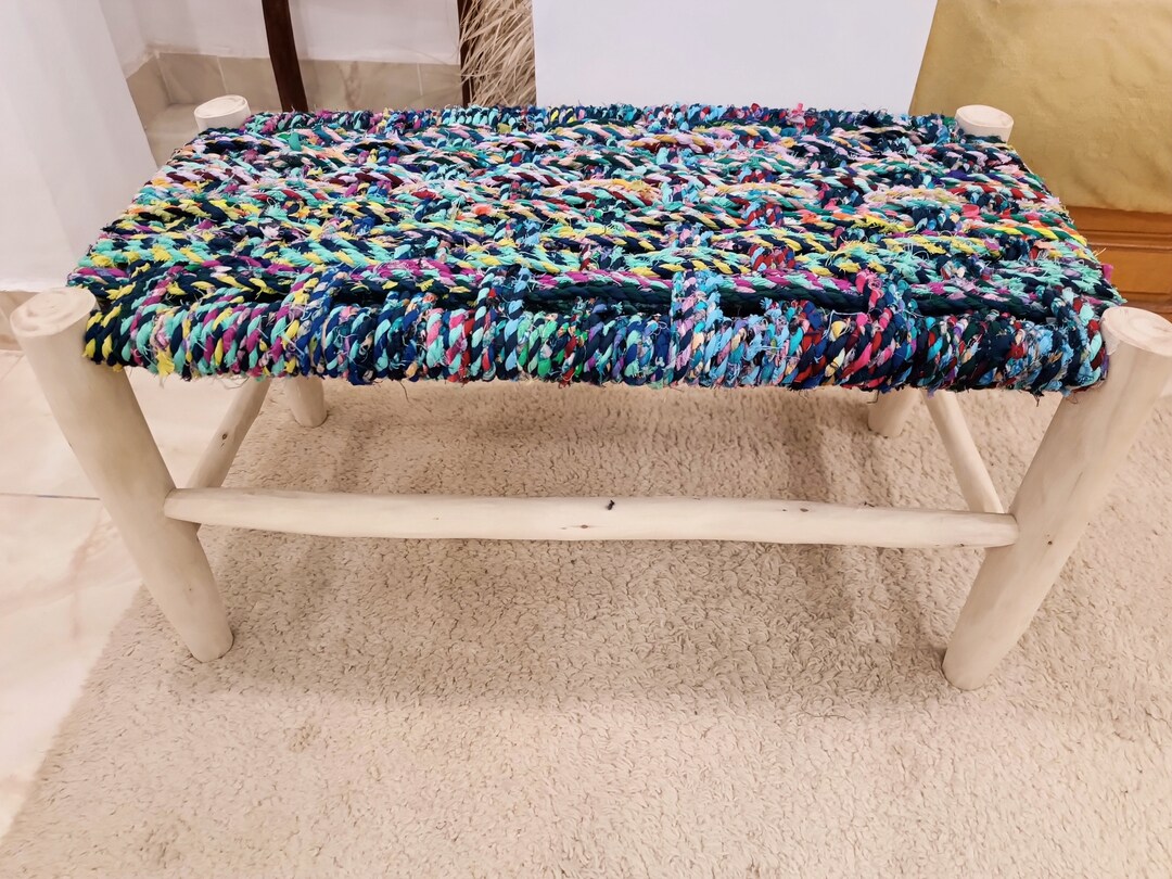 Solid Wood Bench and Braided Multicolor Rope Weaving, Moroccan Bench ...