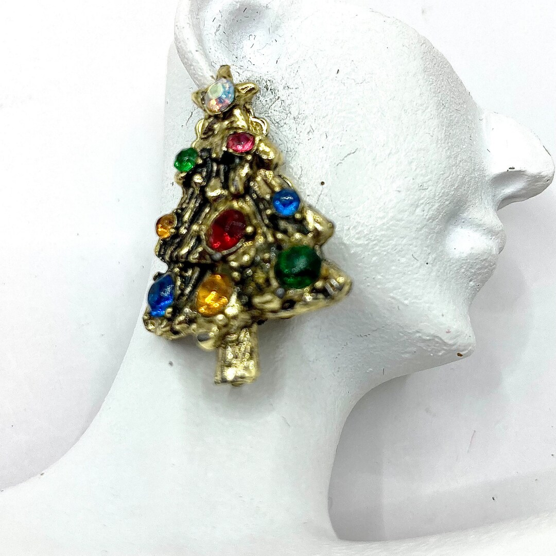Vintage Vtg Christmas Tree Clip on Earrings Antiqued Gold Tone ...