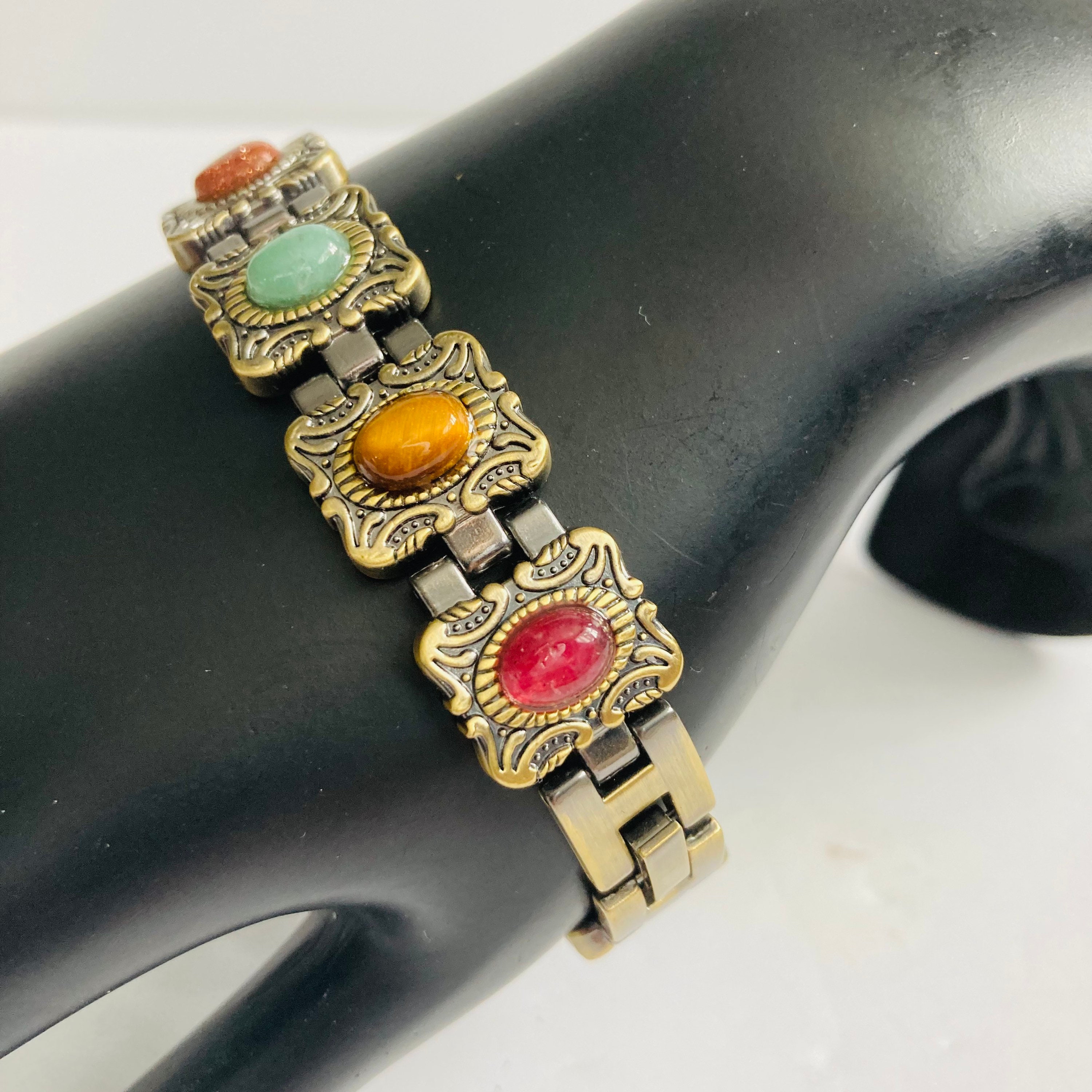 1990s Southwestern Boho Style Cabachon Link Antiqued Gold Tone Brass ...