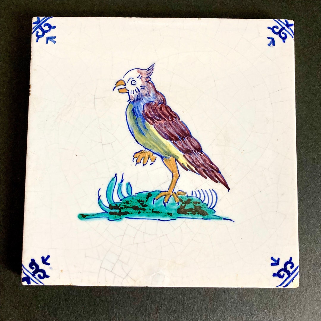 Vintage Vtg Handpainted Delft Holland Ceramic Bird Tile Parrot Eagle ...