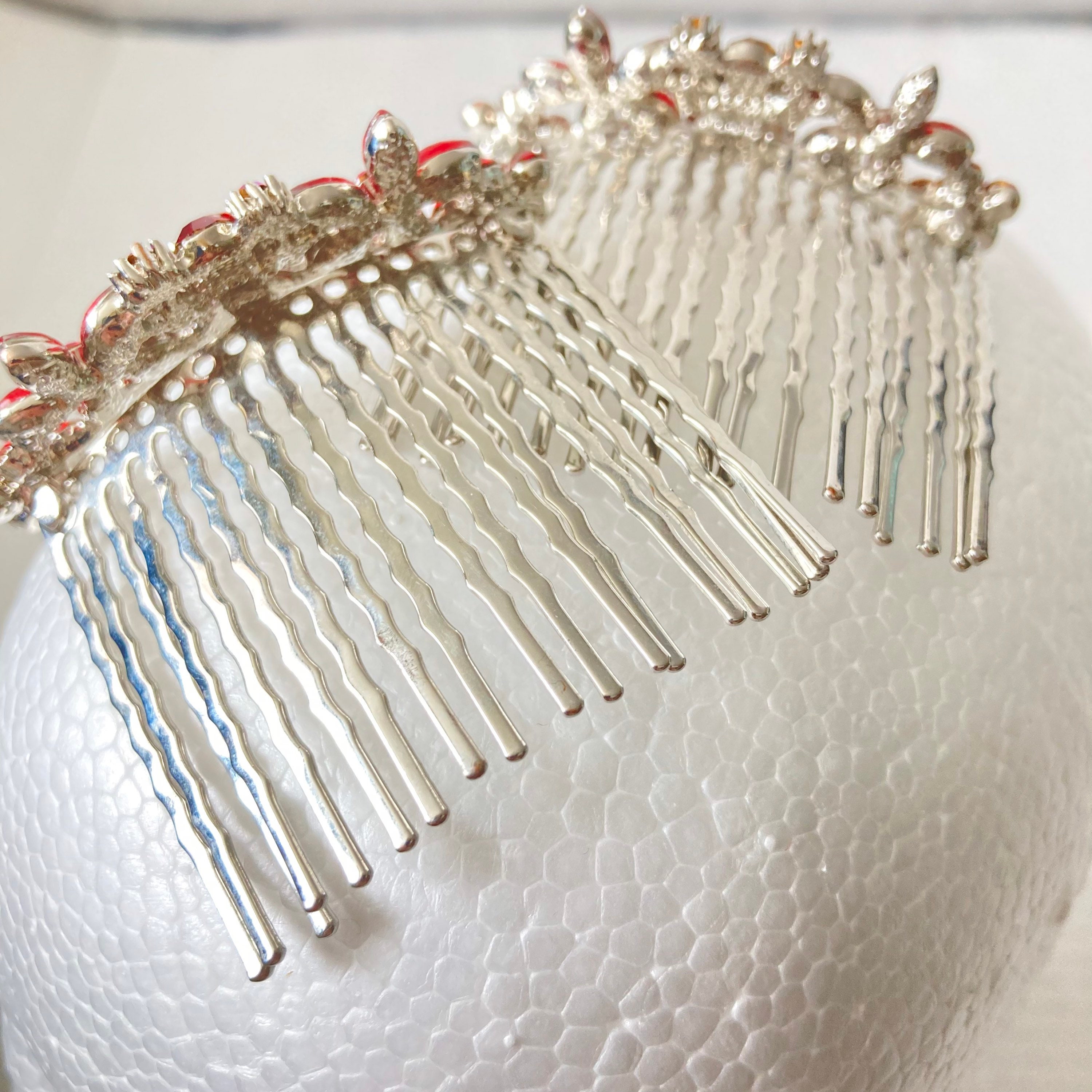 Vintage Vtg Red Rhinestone Flower Floral Aurora Borealis Silver Tone ...