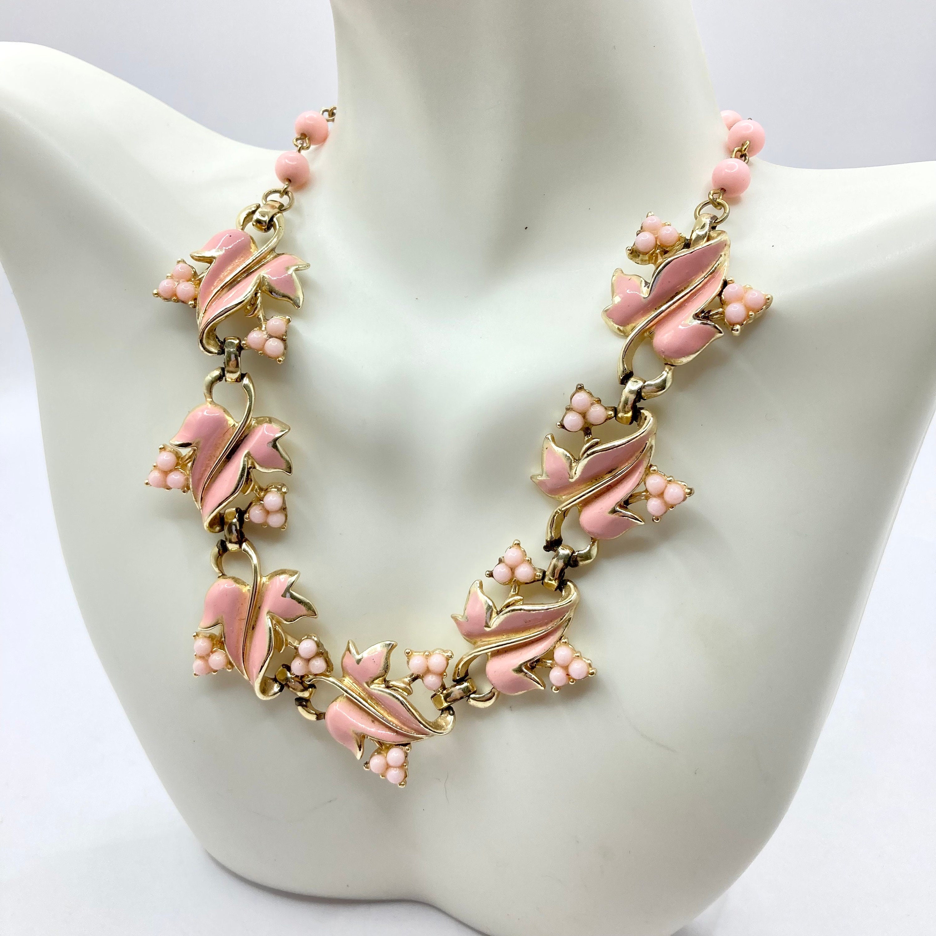 Vintage Vtg 1950’s Coro Pastel Baby Pink Leaves Choker Necklace 12-15 ...