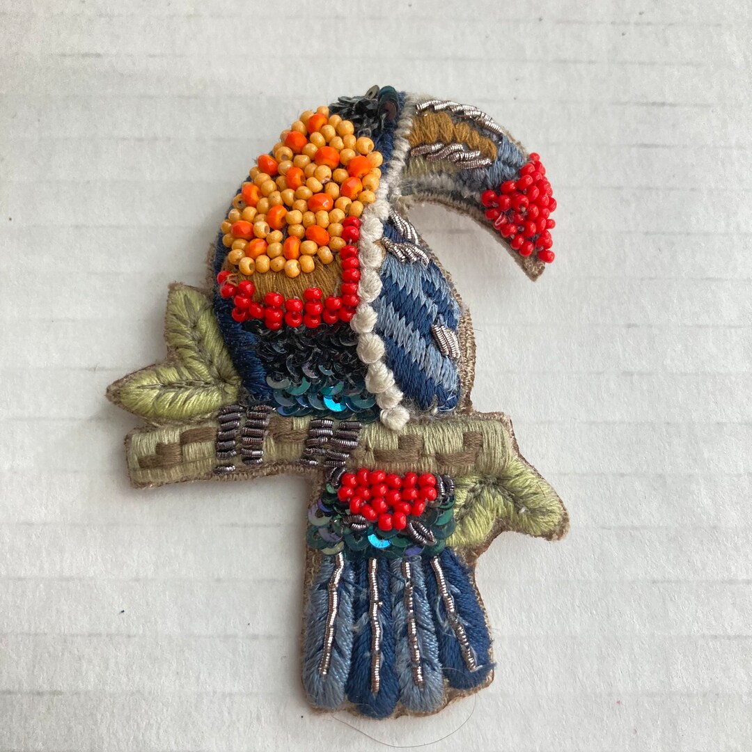 Vintage Handmade Colorful Beaded Crewel Embroidery Work Parrot Bird ...