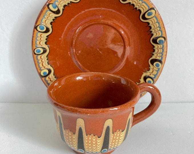 Vintage Vtg Troyan Art Pottery Cup & Saucer Bulgaria Drip Glaze Slip ...