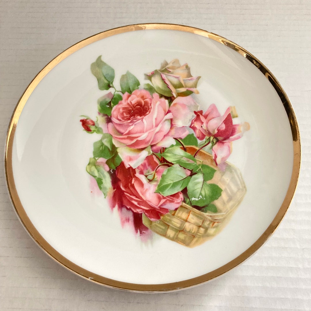 Antique Bavarian Hand Painted Cabbage Rose Gold Banded 8,5” Porcelain ...