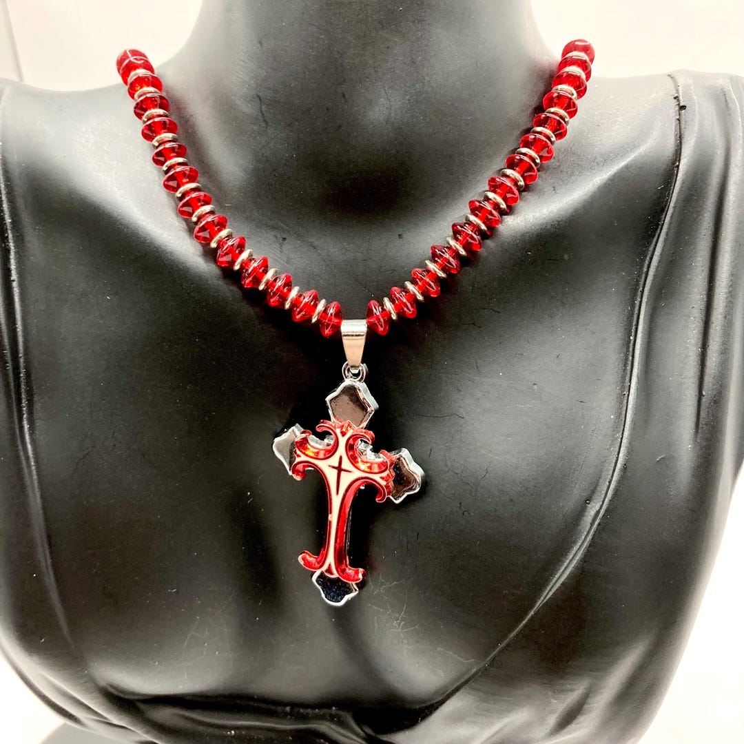 Vintage Vtg Red White Gothic Cross Pendant Necklace Rosary Style Silver ...