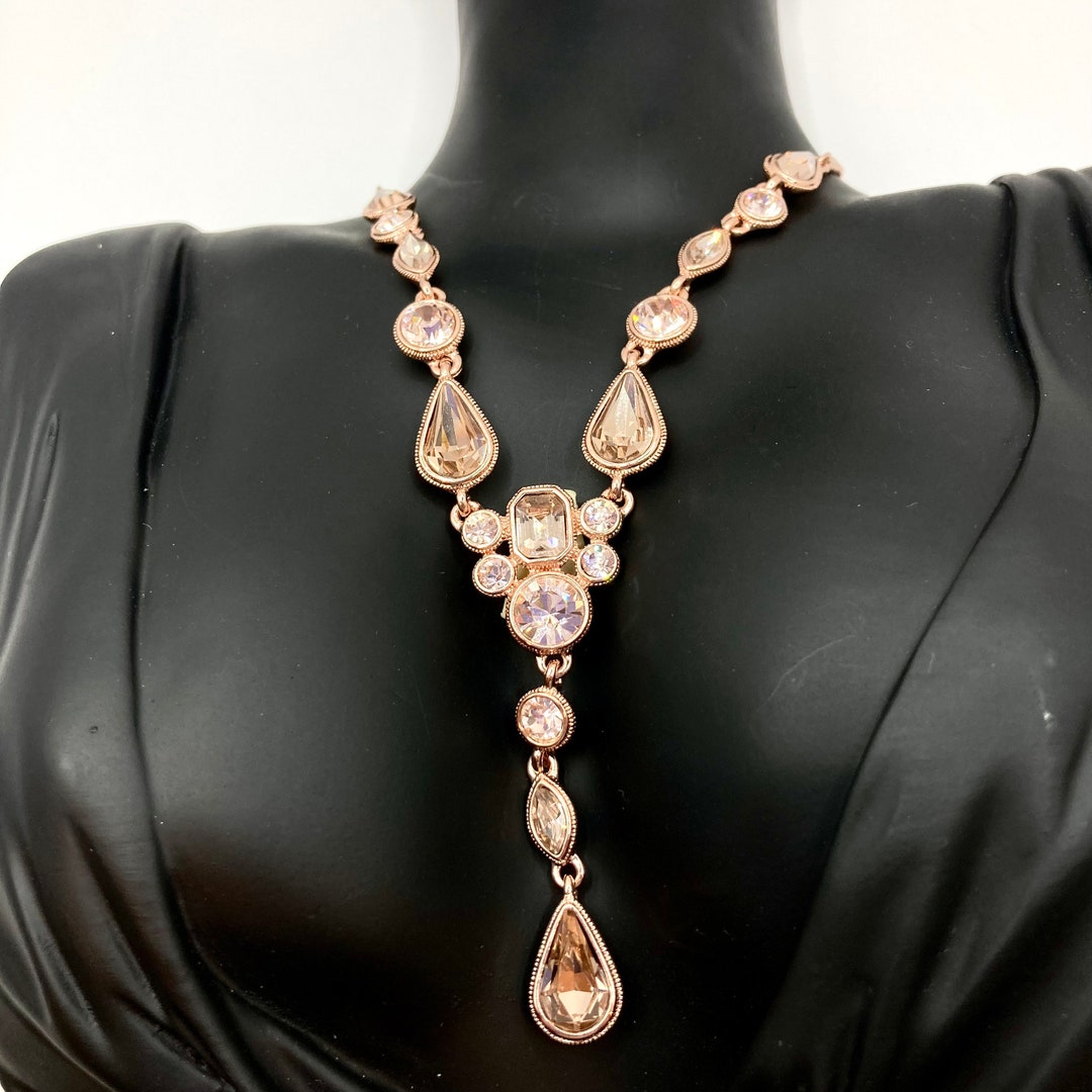 Vintage Vtg Givenchy Rose Gold Y Drop Necklace Faux Stones Crystal ...