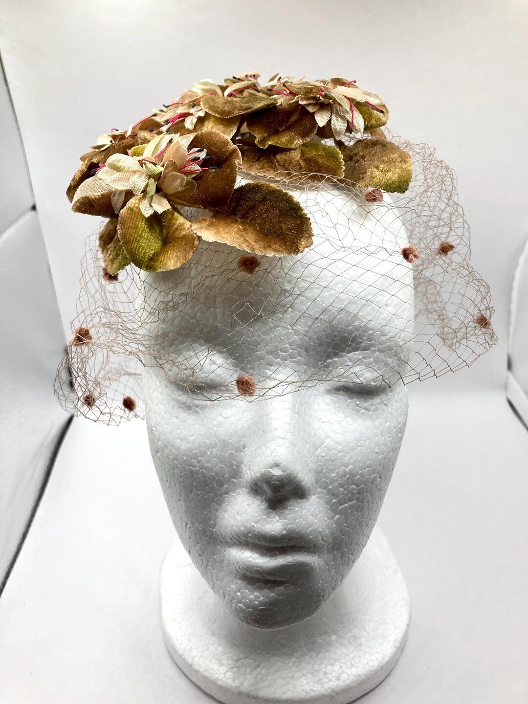 Vintage Vtg 1930-1940’s Fascinator Hat Dotted Veiled Velvet Brown Green ...