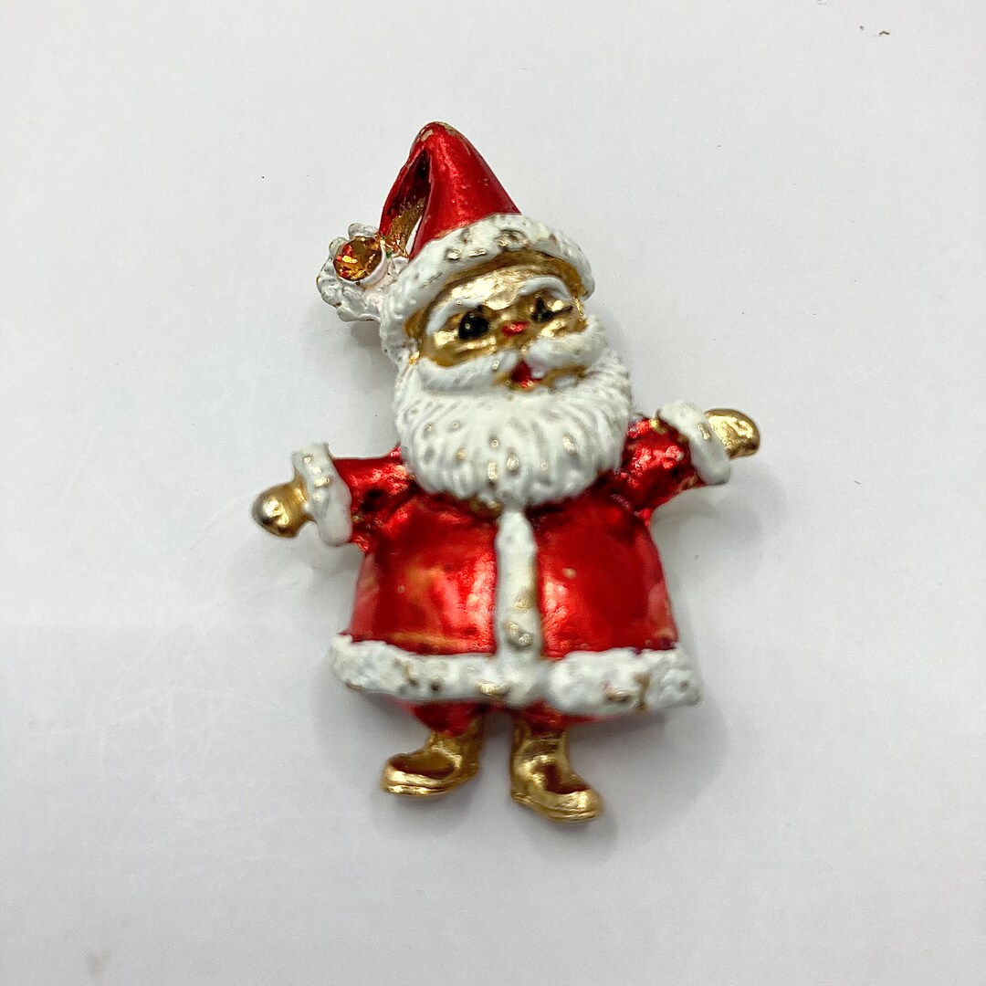 Vintage Vtg Santa Brooch Gold Tone Red White Enamel Christmas Xmas ...