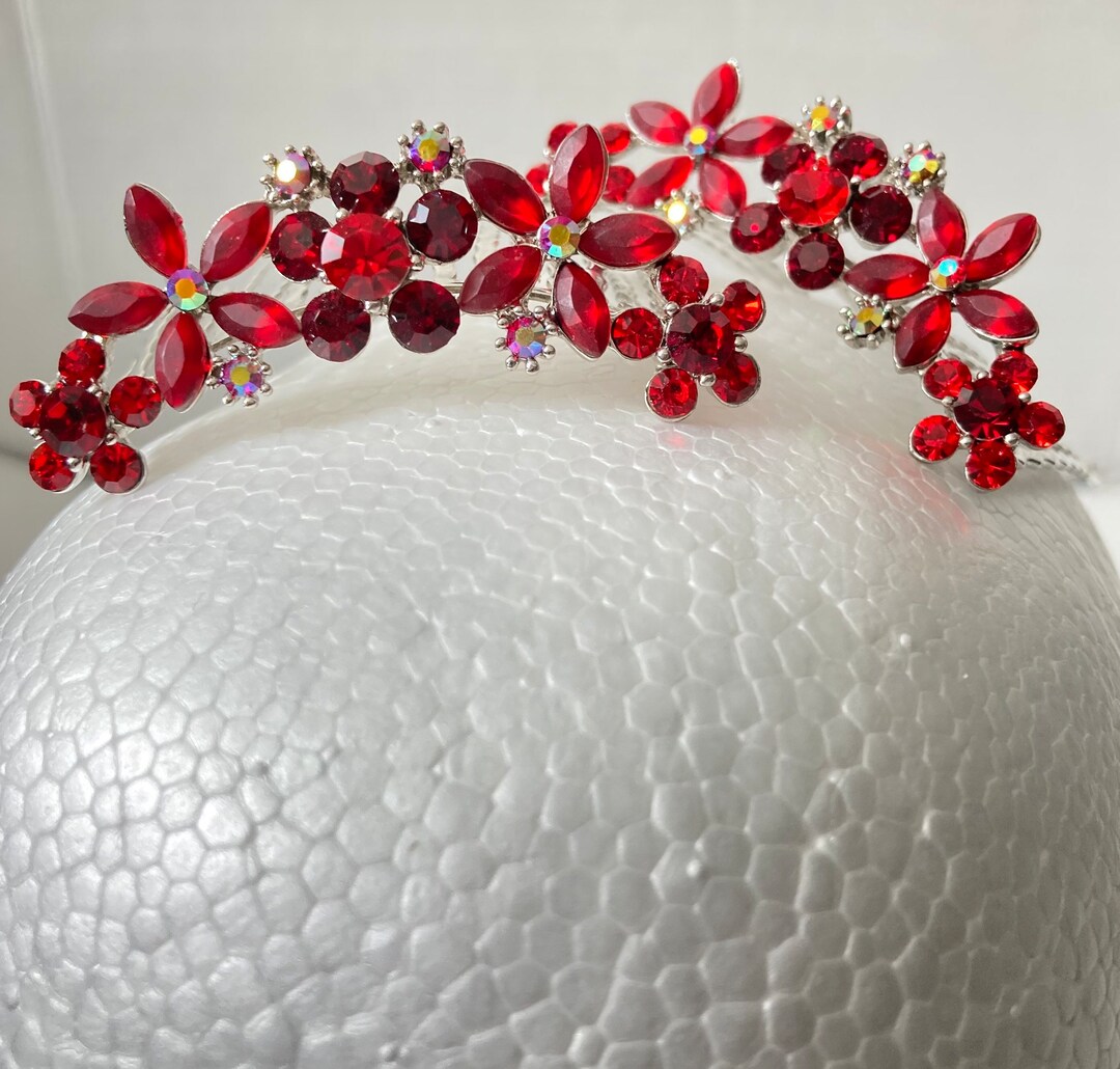 Vintage Vtg Red Rhinestone Flower Floral Aurora Borealis Silver Tone ...