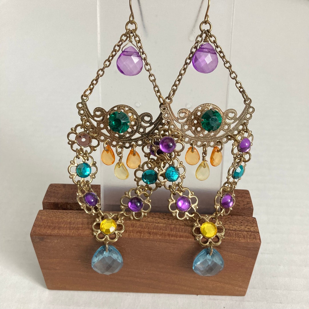 Vintage VTG Multicolor Pierced Gold Tone Chandelier Long Drop Dangle ...