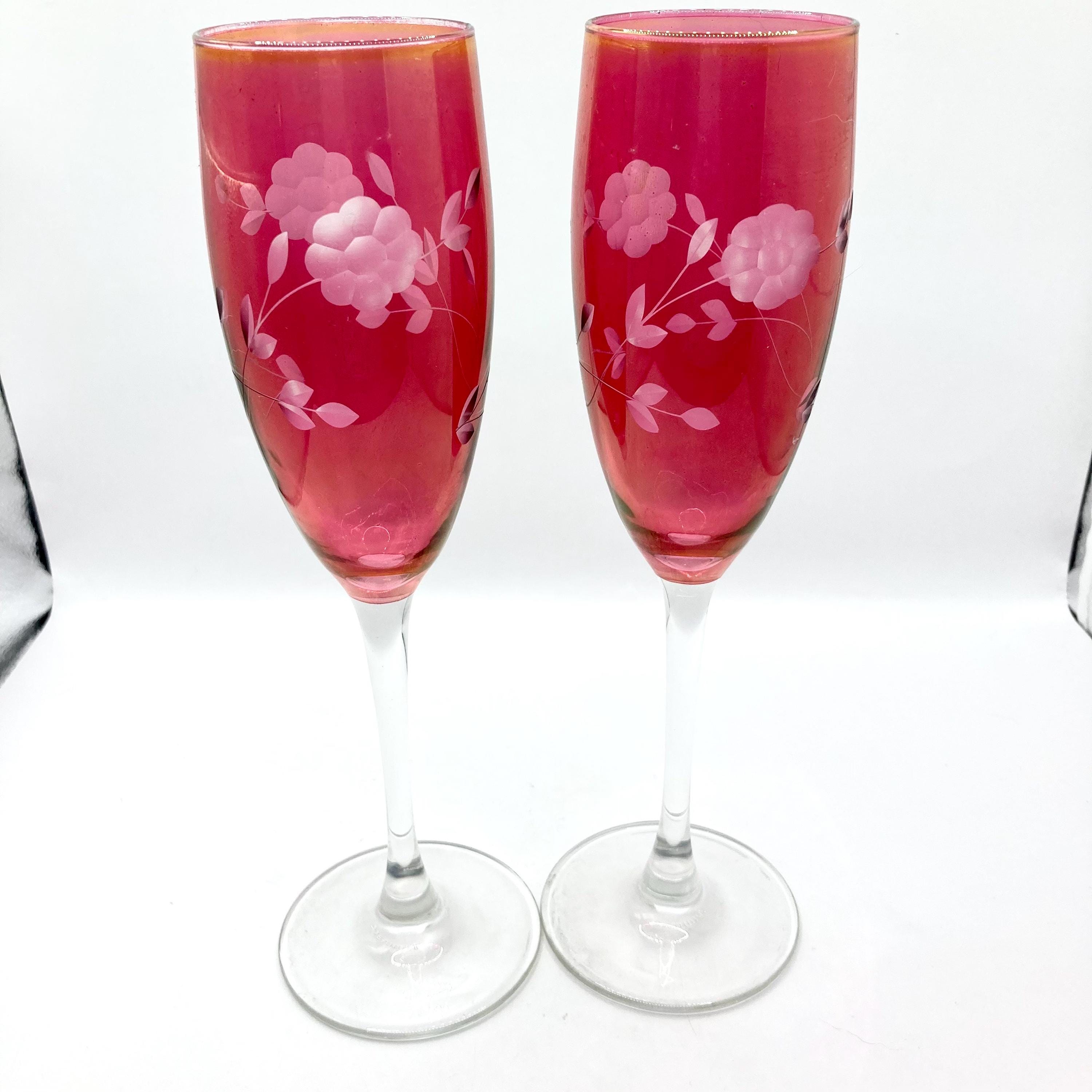 Vintage Vtg Luminarc Cranberry Pink Etched Champagne Flutes Glasses ...