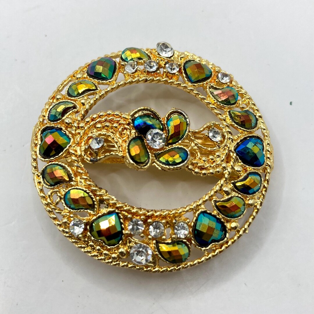 Vintage Vtg Round Circle Ornate Hair Barrette Clip Gold Tone Aurora ...