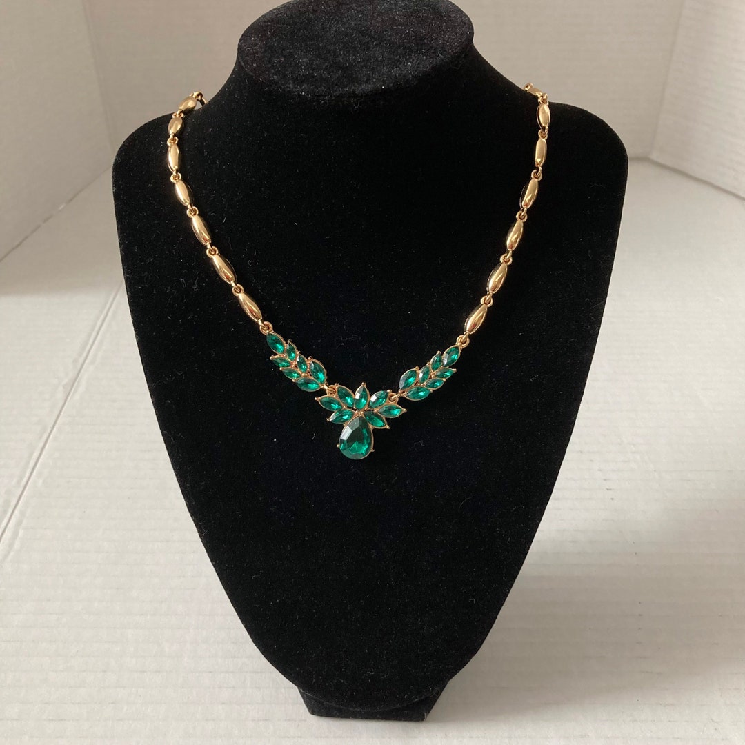 Vintage Vtg 1990s Retro Style Green Rhinestone Choker Pendant Gold ...