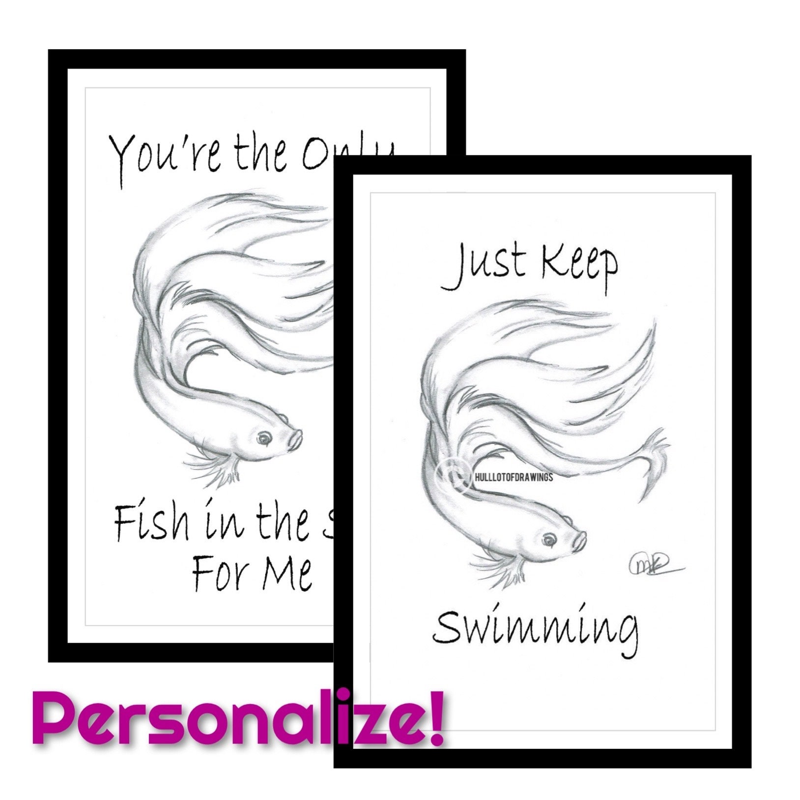 Flowing Fish Drawing Print Handmade Gift Wall Art Decor Relaxing Fish ...