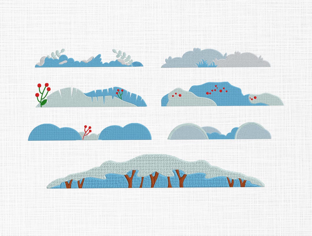 Snowy Winter Landscape Embroidery Design, Snowdrifts, Bushes With Small ...
