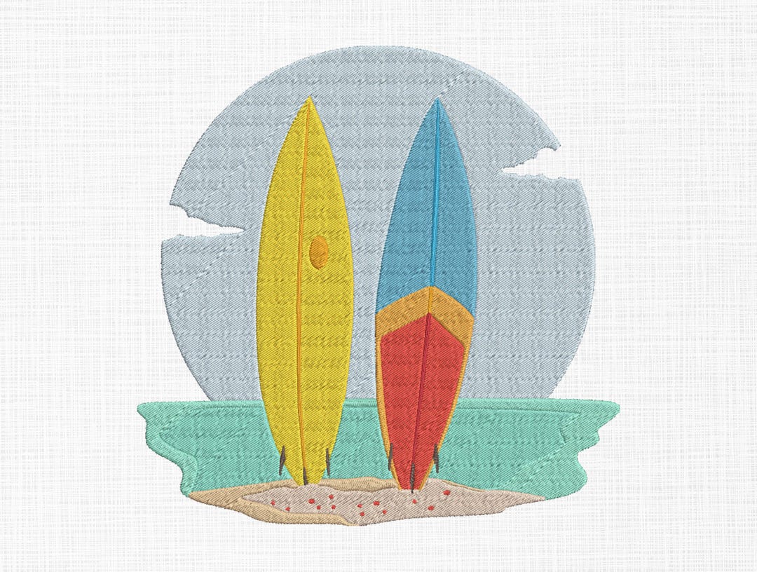 Surfboard Standing on Sand With Beach on Seascape Embroidery Design ...