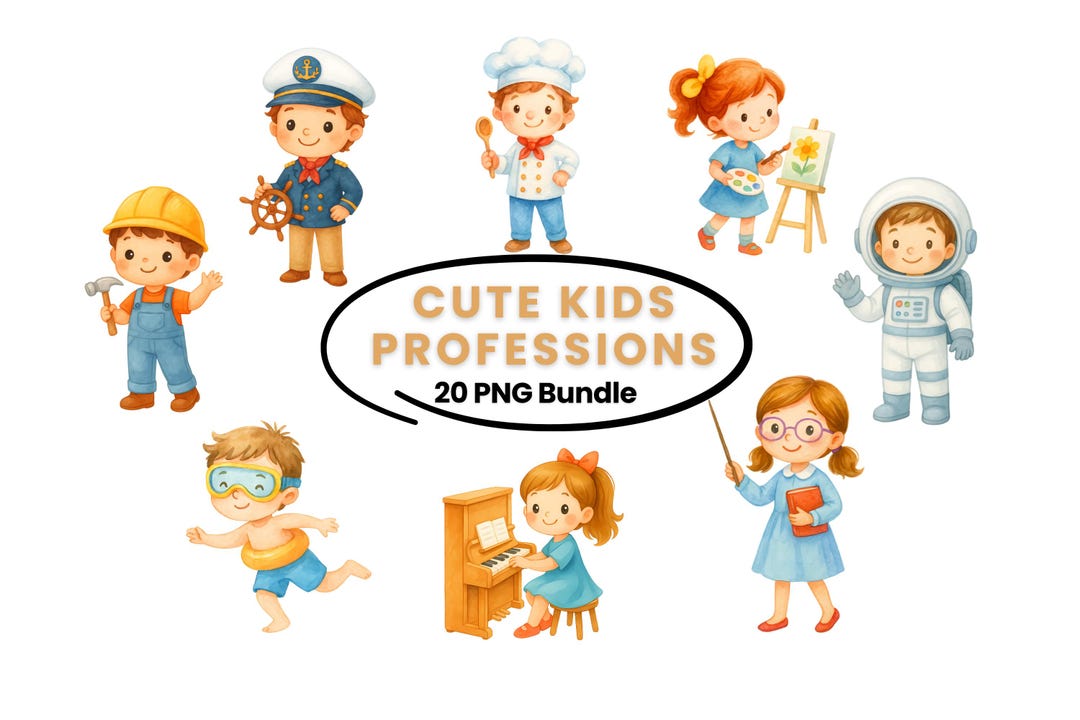 20 Cute Kids Professions Watercolor Clipart Bundle - PNG, Bright and ...