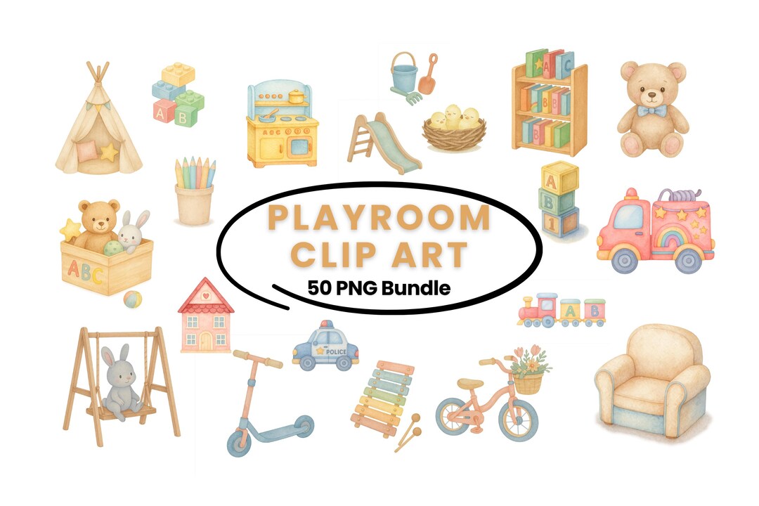 Watercolor Kids Playroom Clipart Bundle – 50 Cute Pastel Toys ...