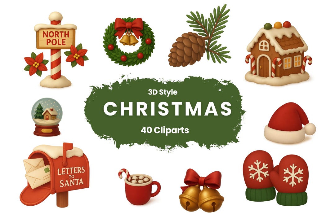 40 Christmas 3D Style Elements Clipart Bundle - PNG, Festive, Cozy ...