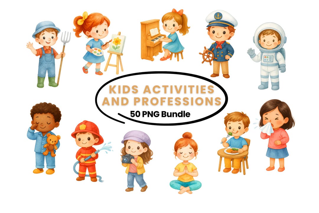 40 Kids Activities and Professions Watercolor Clipart Bundle - PNG ...