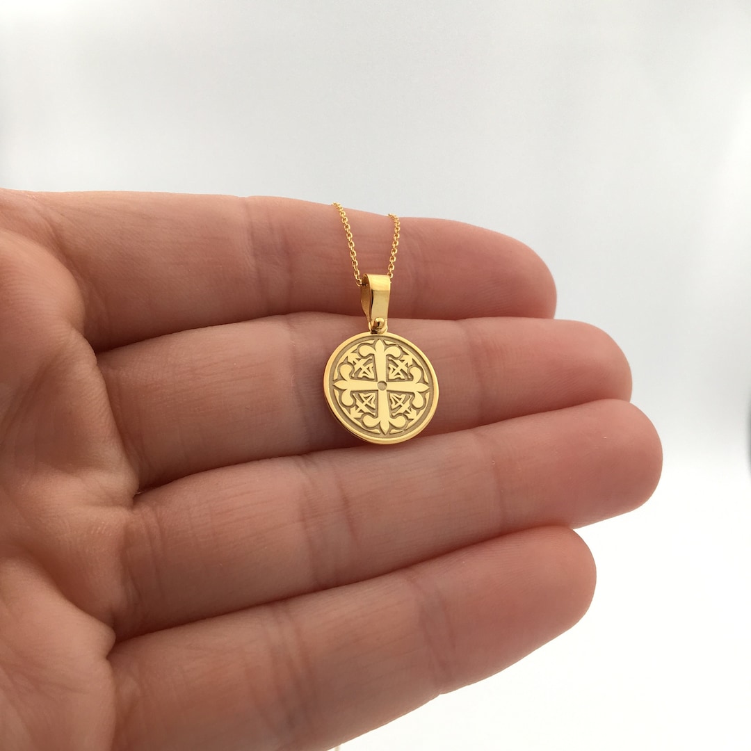 14k Solid Gold Fleury Cross Pendant Necklace: Personalized Protection ...