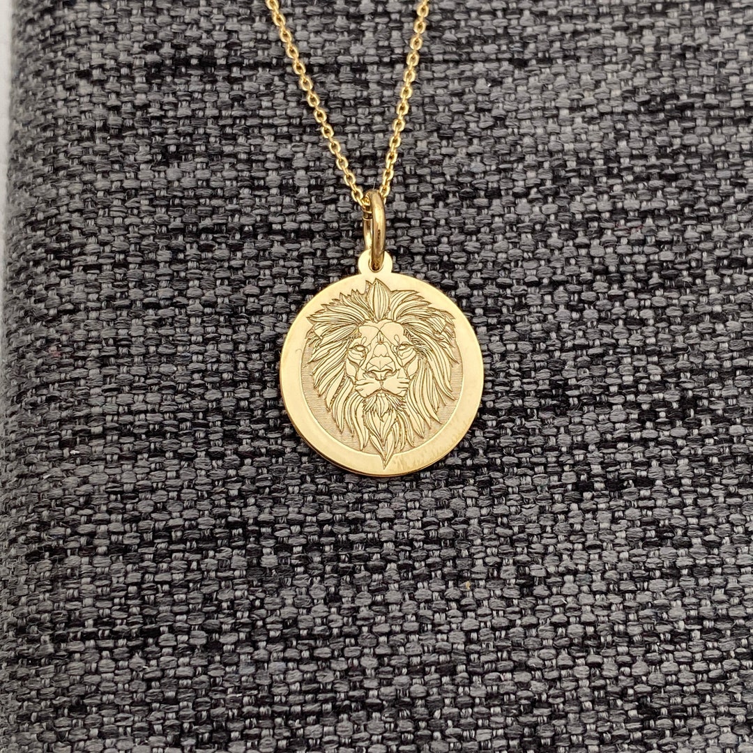 14k Solid Gold Lion Pendant Necklace: Engraved Animal Charm - Etsy